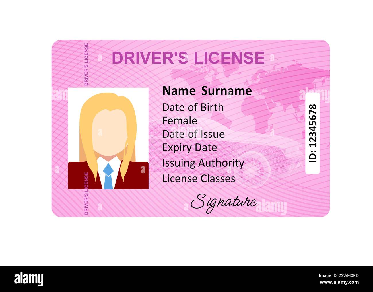 Driver's license with female silhouette and illustration of world map ...