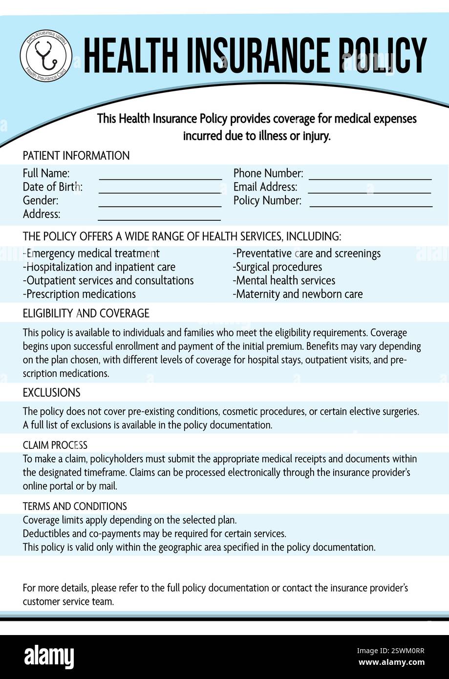 Health insurance policy with information and empty fields to fill in ...