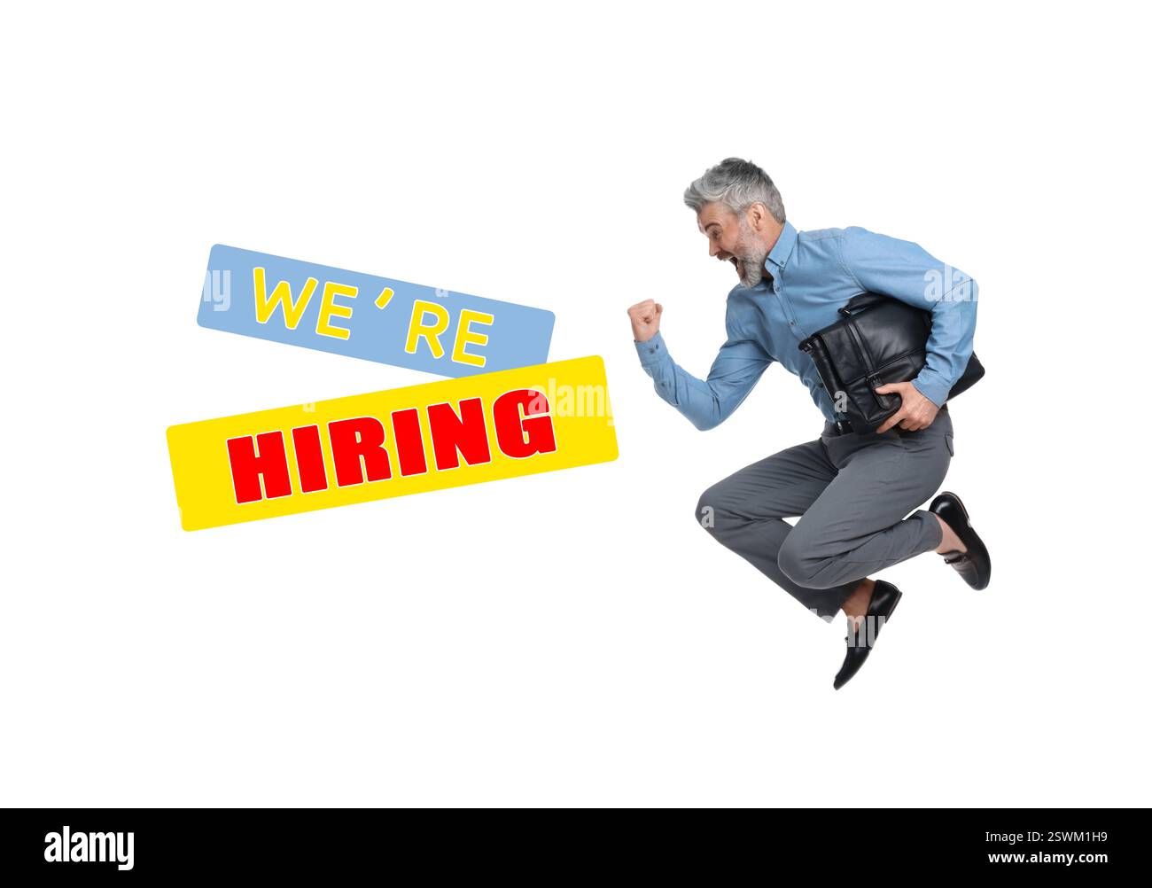 We're hiring. Happy businessman with briefcase jumping on white ...