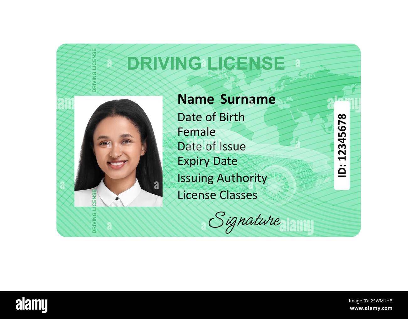 Driver's license with photo of woman and world map illustration ...