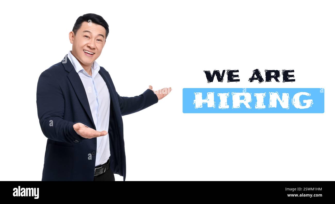 We are hiring. Happy businessman welcoming on white background, banner ...