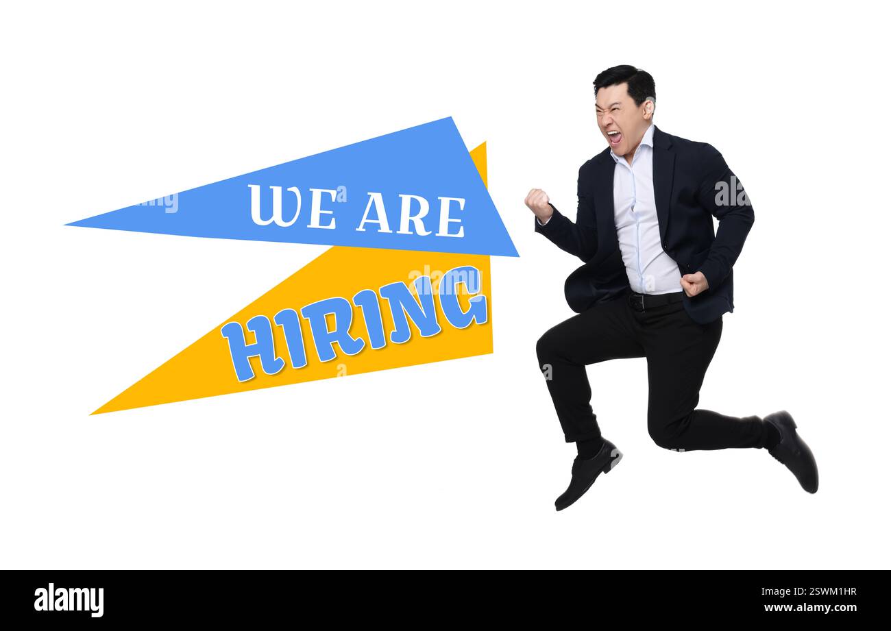 We're hiring. Happy businessman jumping on white background. Human ...