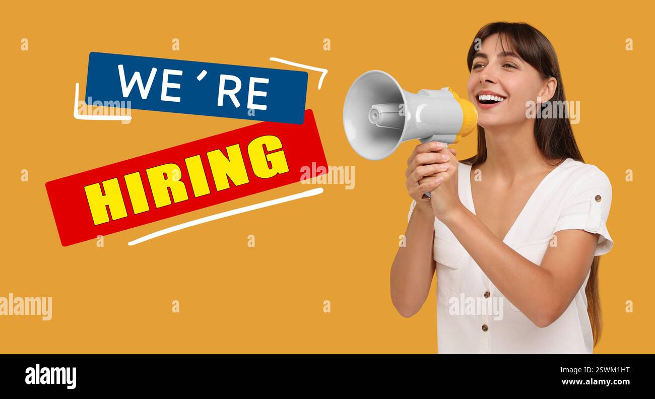 We're hiring. Woman shouting in megaphone on orange background, banner ...