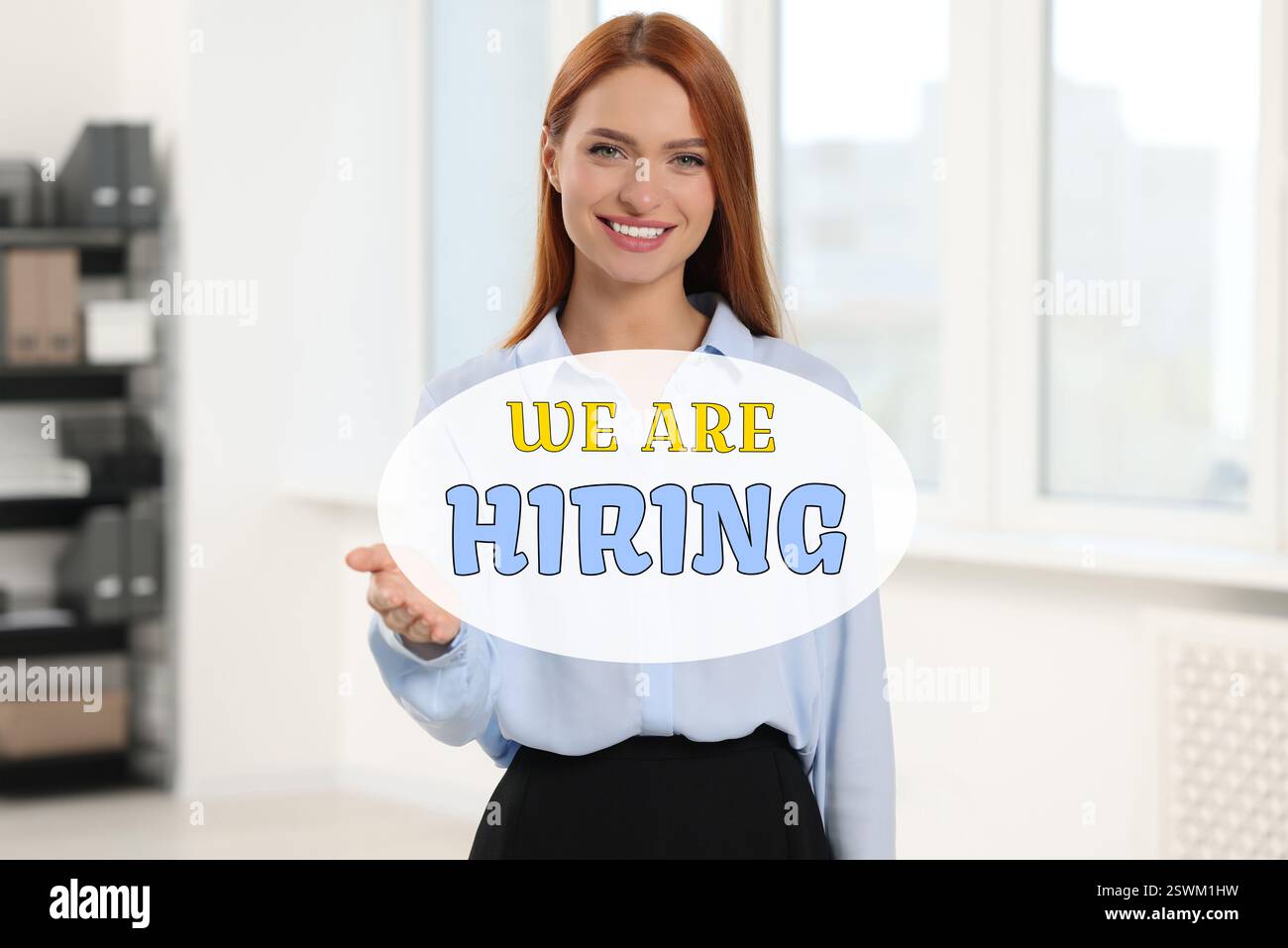 We are hiring. Happy woman welcoming in office. Human resource, recruitment concept Stock Photo ...