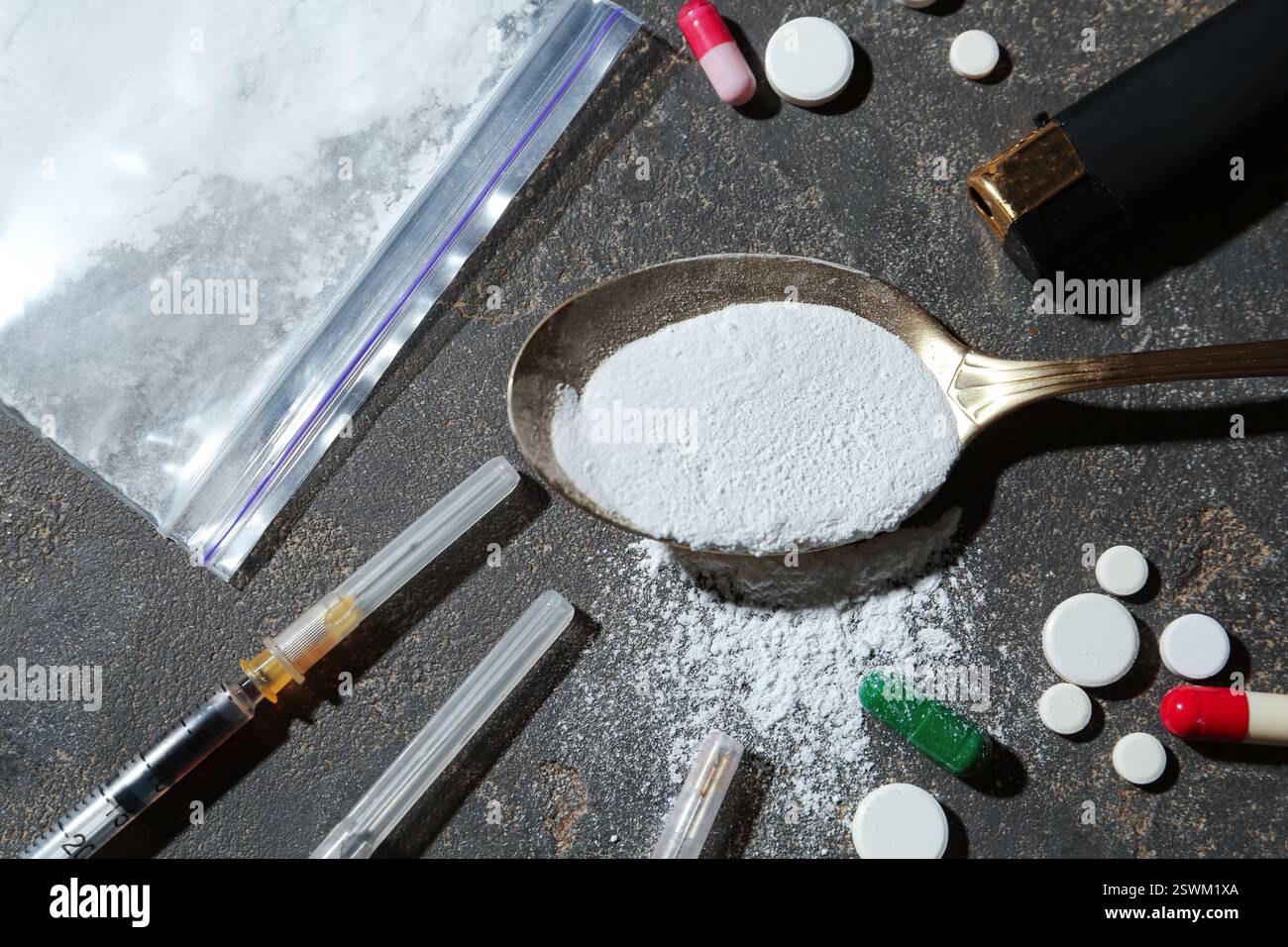 Flat lay composition with different drugs on gray textured table Stock ...