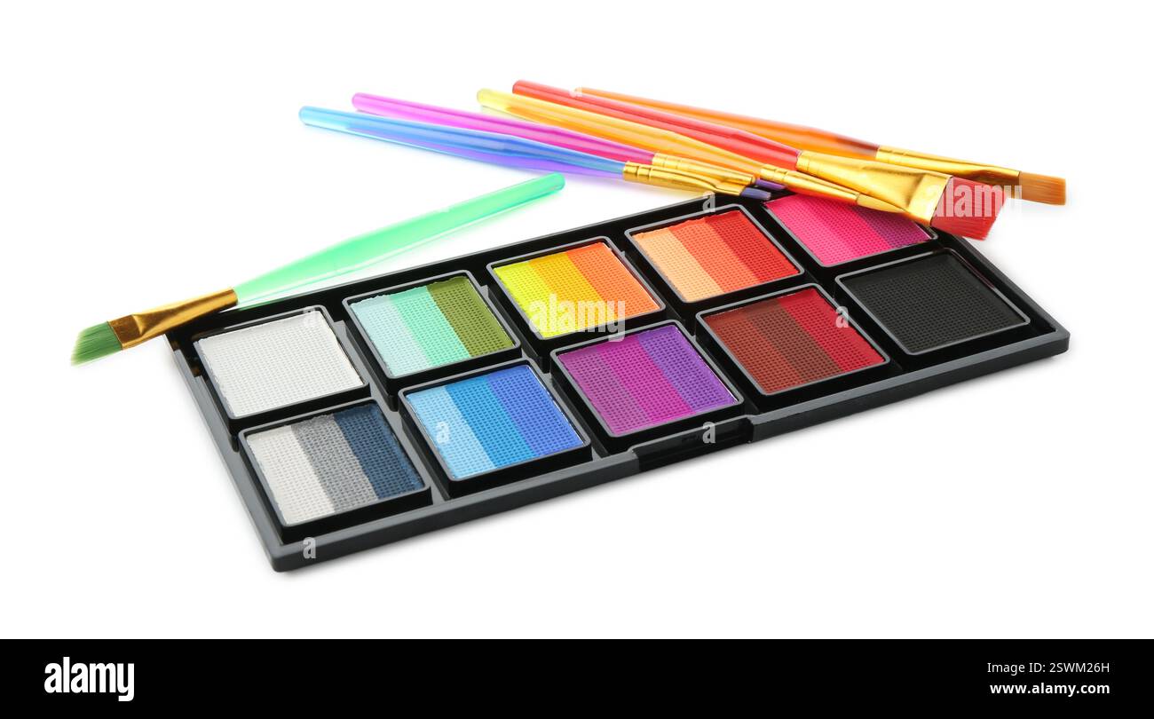 Bright face paint palette and brushes isolated on white Stock Photo - Alamy