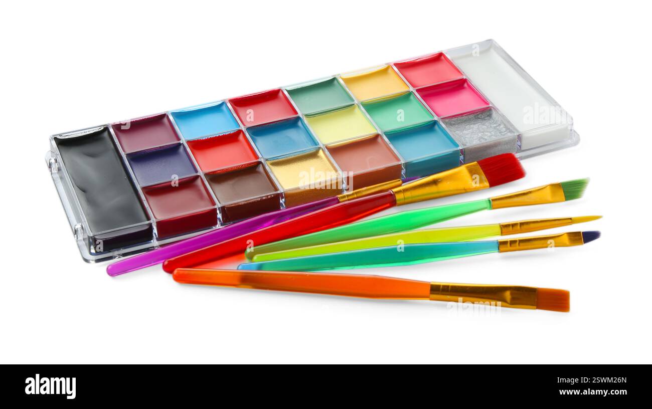 Bright face paint palette and brushes isolated on white Stock Photo - Alamy
