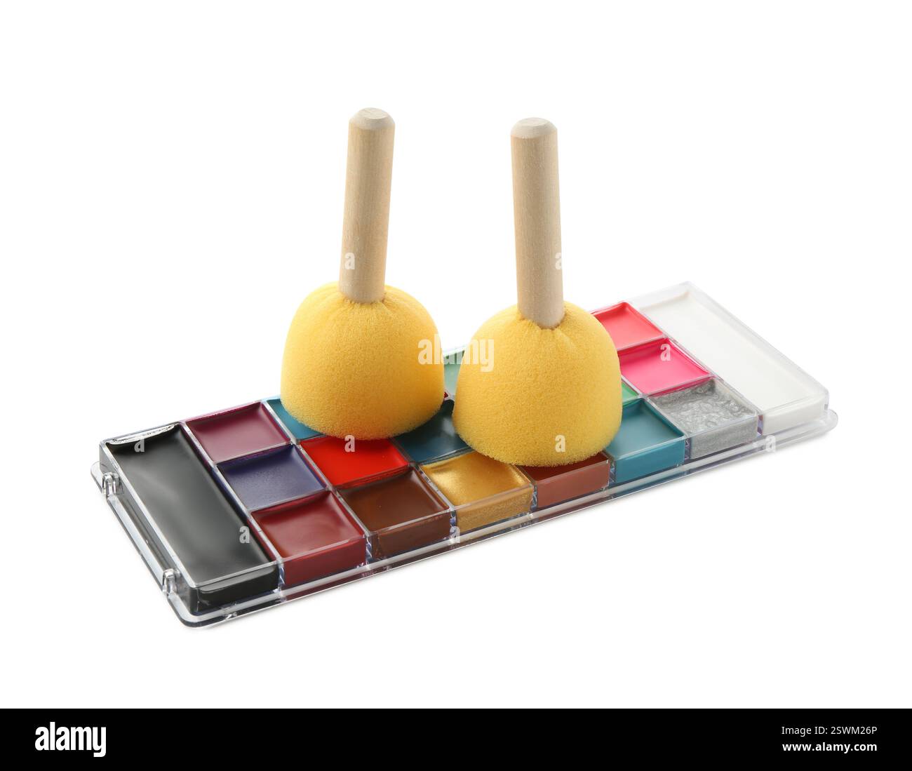 Bright face paint palette and sponges isolated on white Stock Photo - Alamy