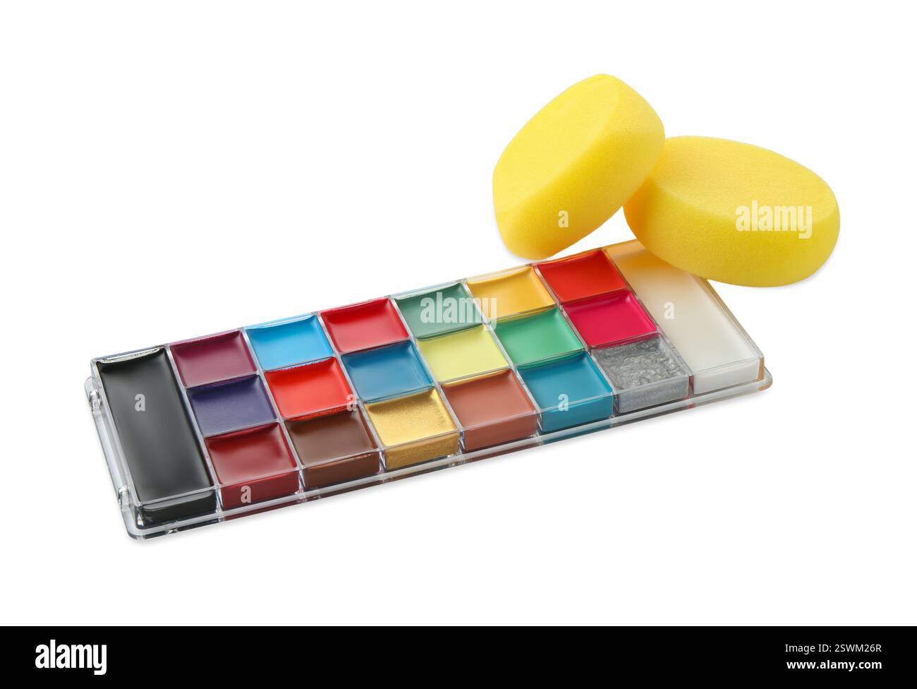 Bright face paint palette and sponges isolated on white Stock Photo - Alamy
