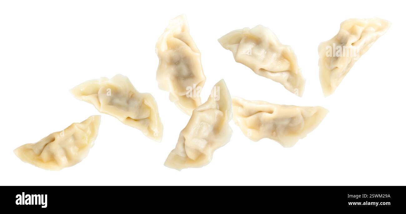 Tasty boiled gyoza (dumplings) in air on white background Stock Photo ...