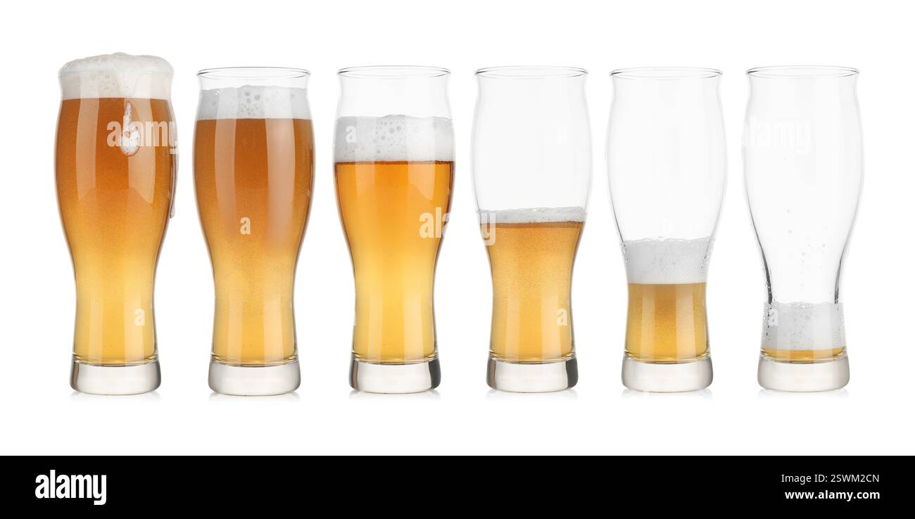 Drinking beer process. From full to empty glass on white background ...
