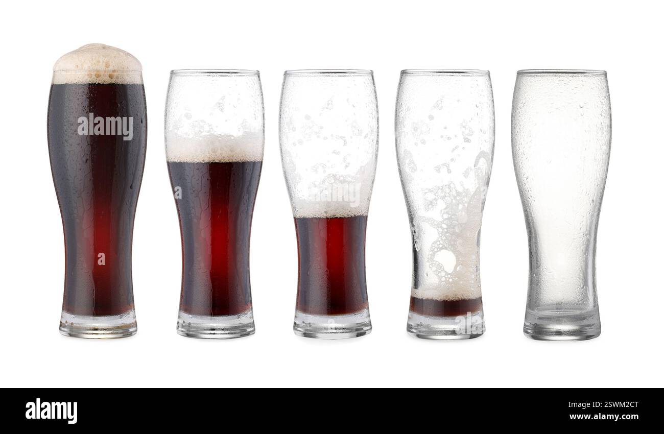 Drinking beer process. From full to empty glass on white background ...
