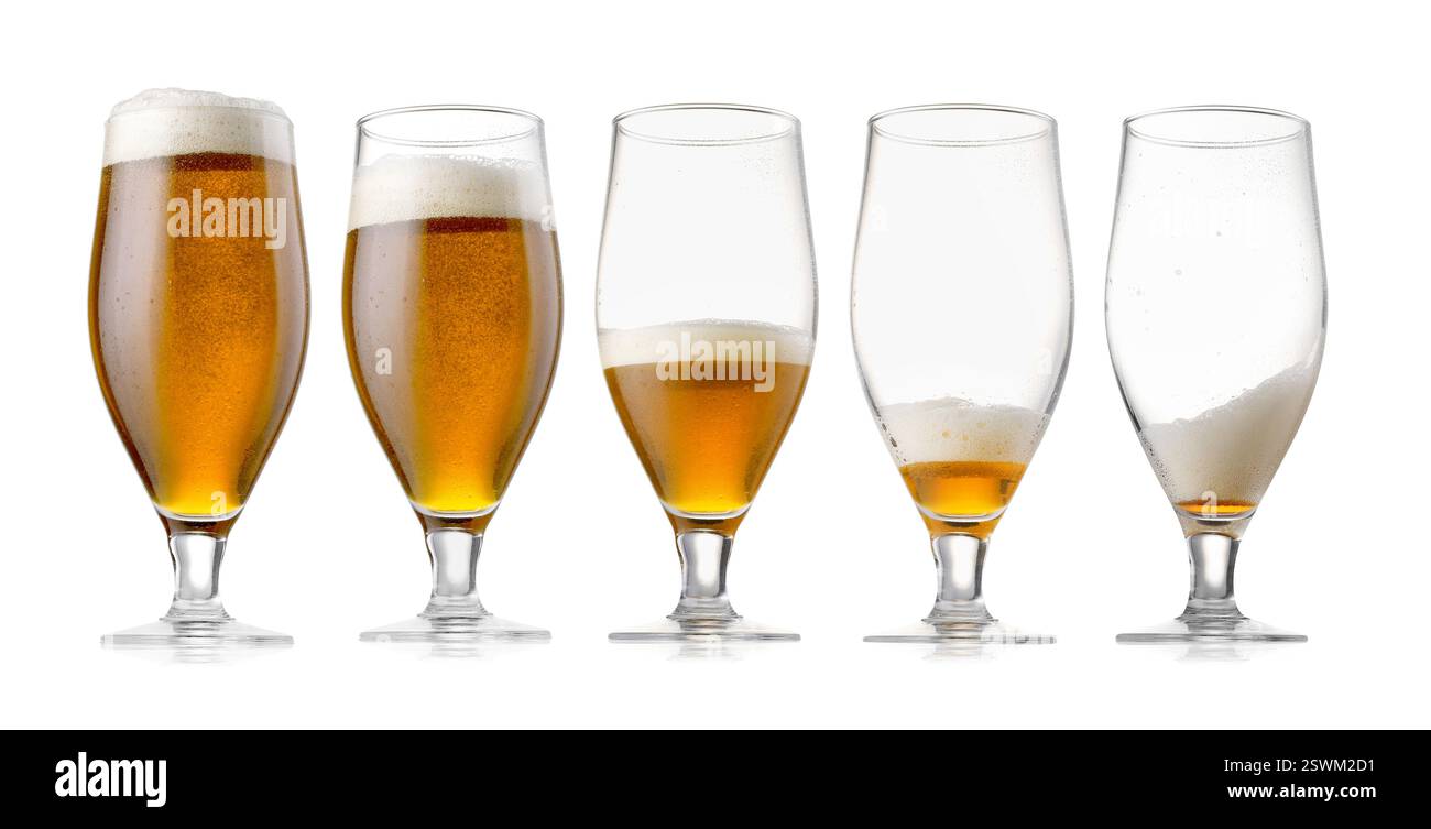 Drinking beer process. From full to empty glass on white background ...