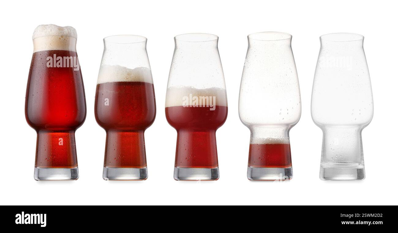 Drinking beer process. From full to empty glass on white background ...