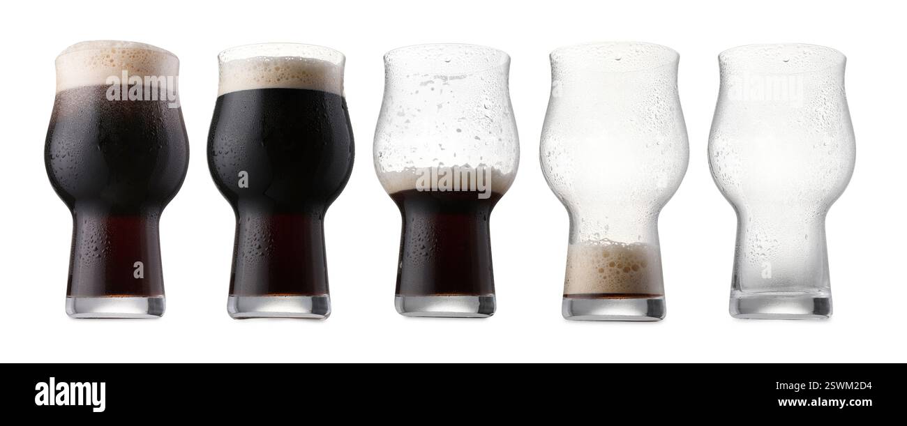 Drinking beer process. From full to empty glass on white background ...