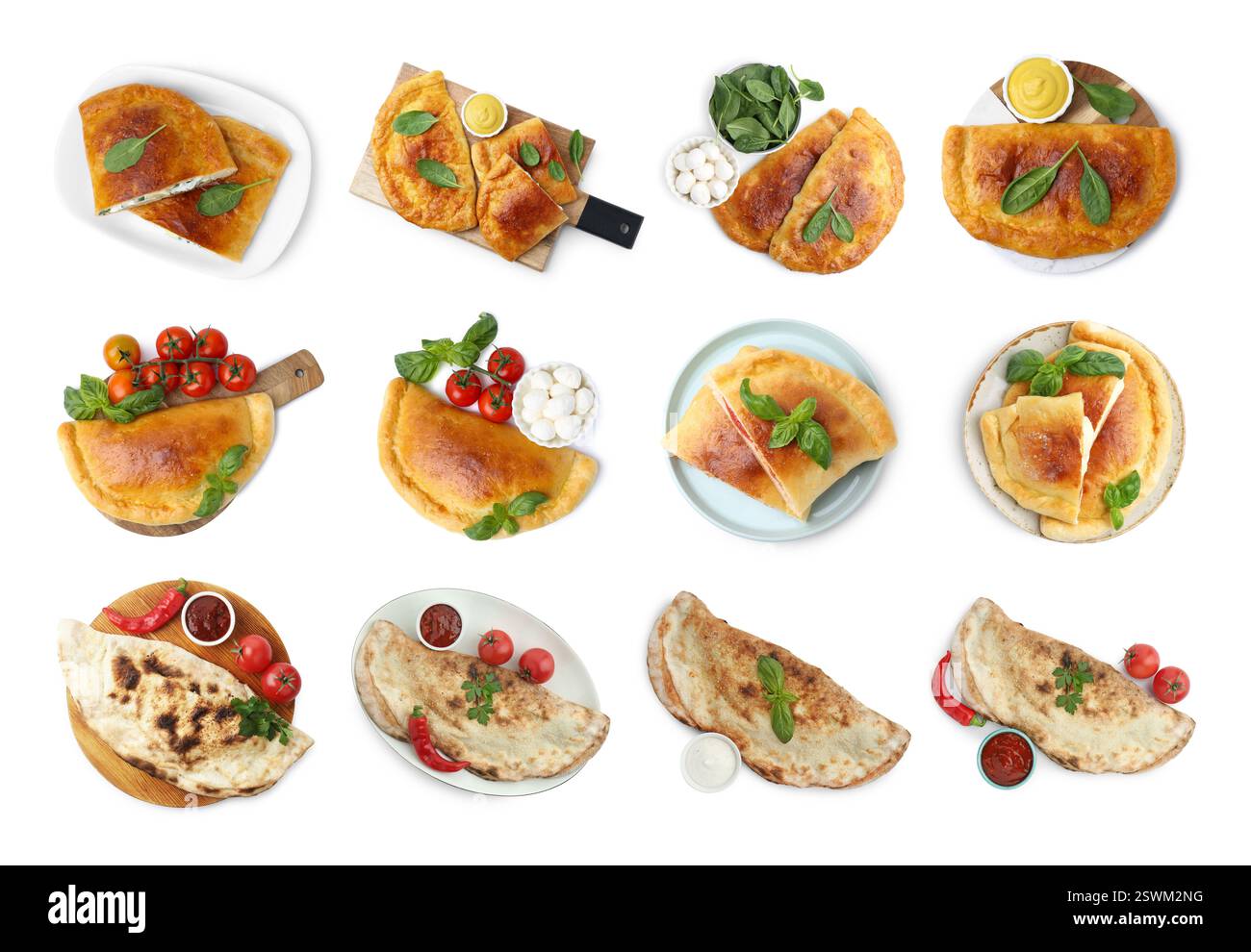 Delicious calzones isolated on white, set. Top view Stock Photo - Alamy