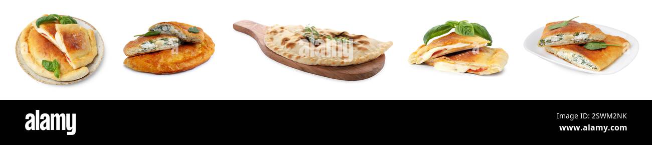 Different delicious calzones isolated on white, set Stock Photo - Alamy
