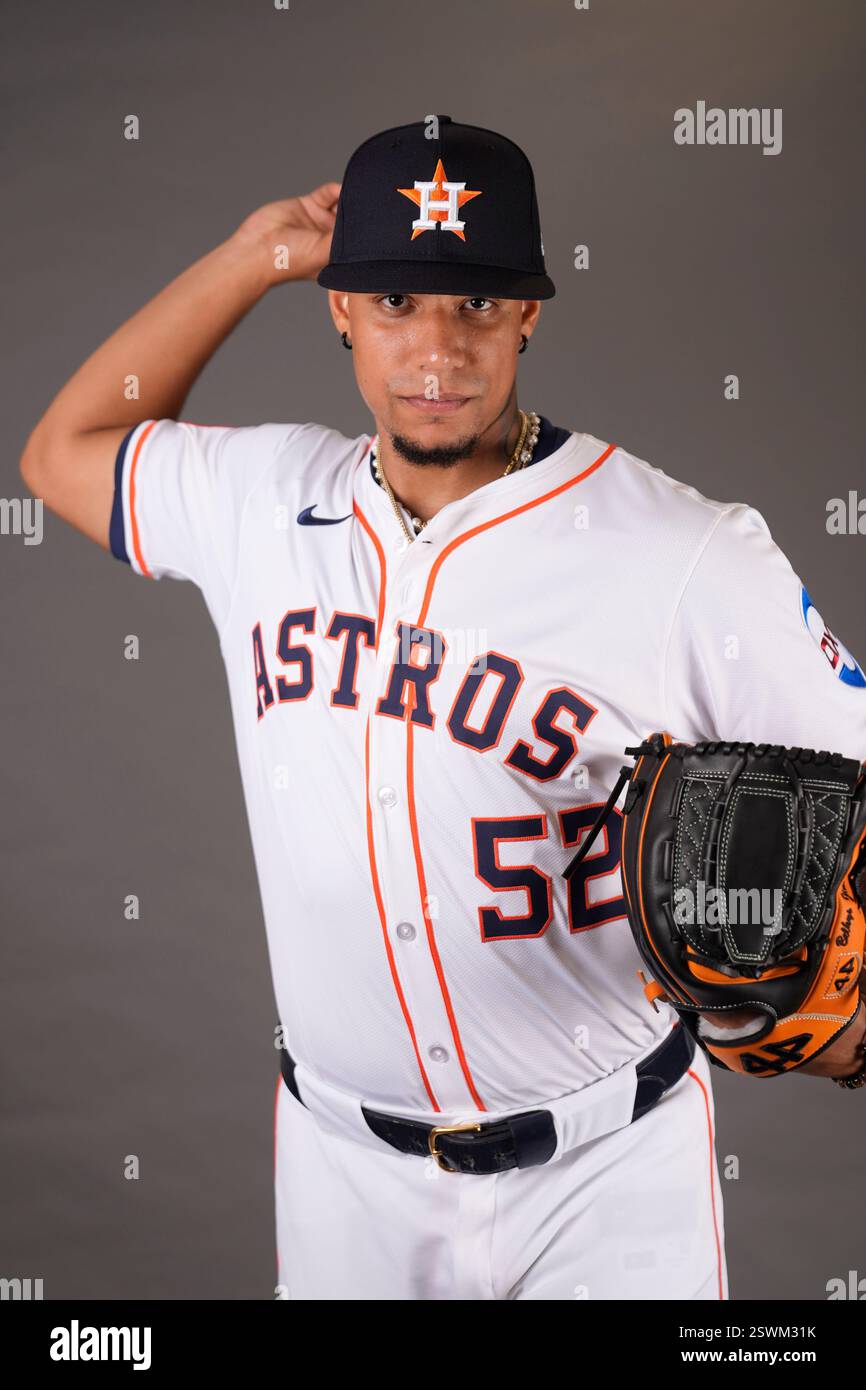 Houston Astros pitcher Bryan Abreu poses during photo day at the team's training facility during ...