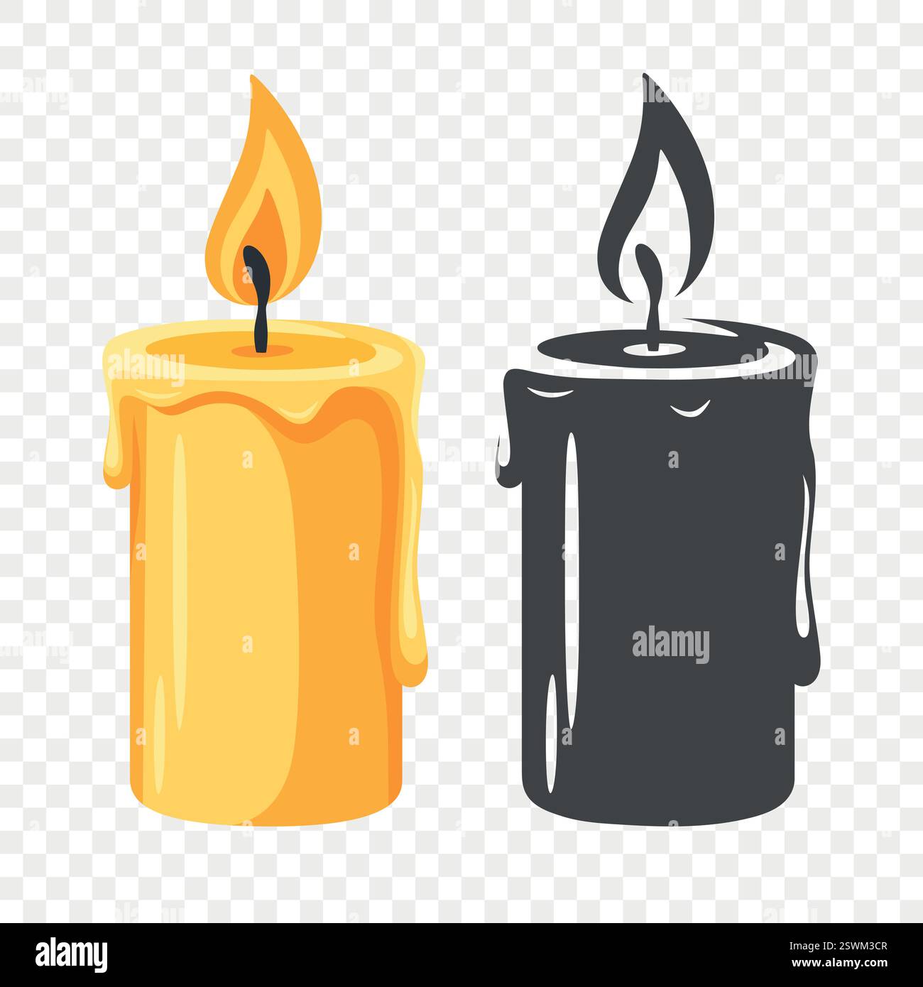 Flat Color and Silhouette Monochrome Candle Icon Set. Burning Candle Fire Icons. Christmas ...