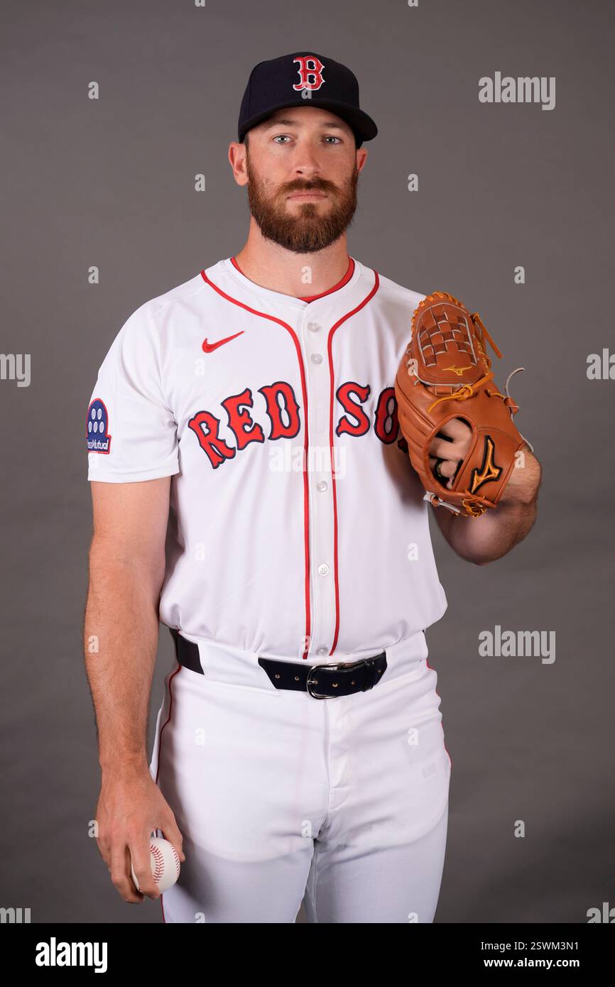 Boston Red Sox pitcher Austin Adams poses during photo day at the team ...