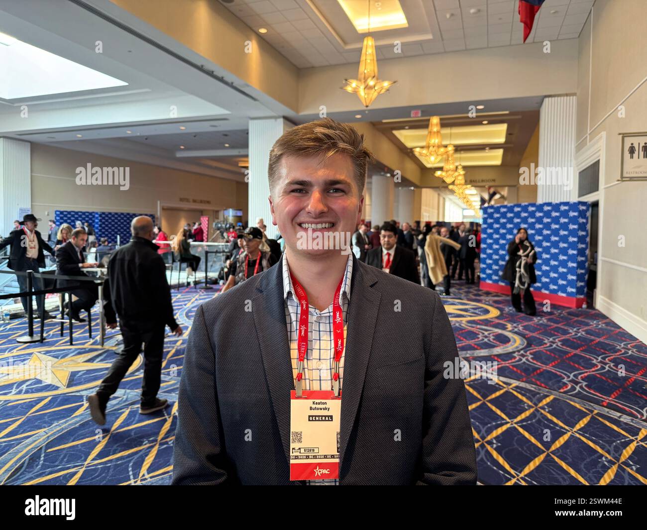 National Harbor, USA. 21st Feb, 2025. Keaton Butowsky from Dallas, Texas, is attending the CPAC ...