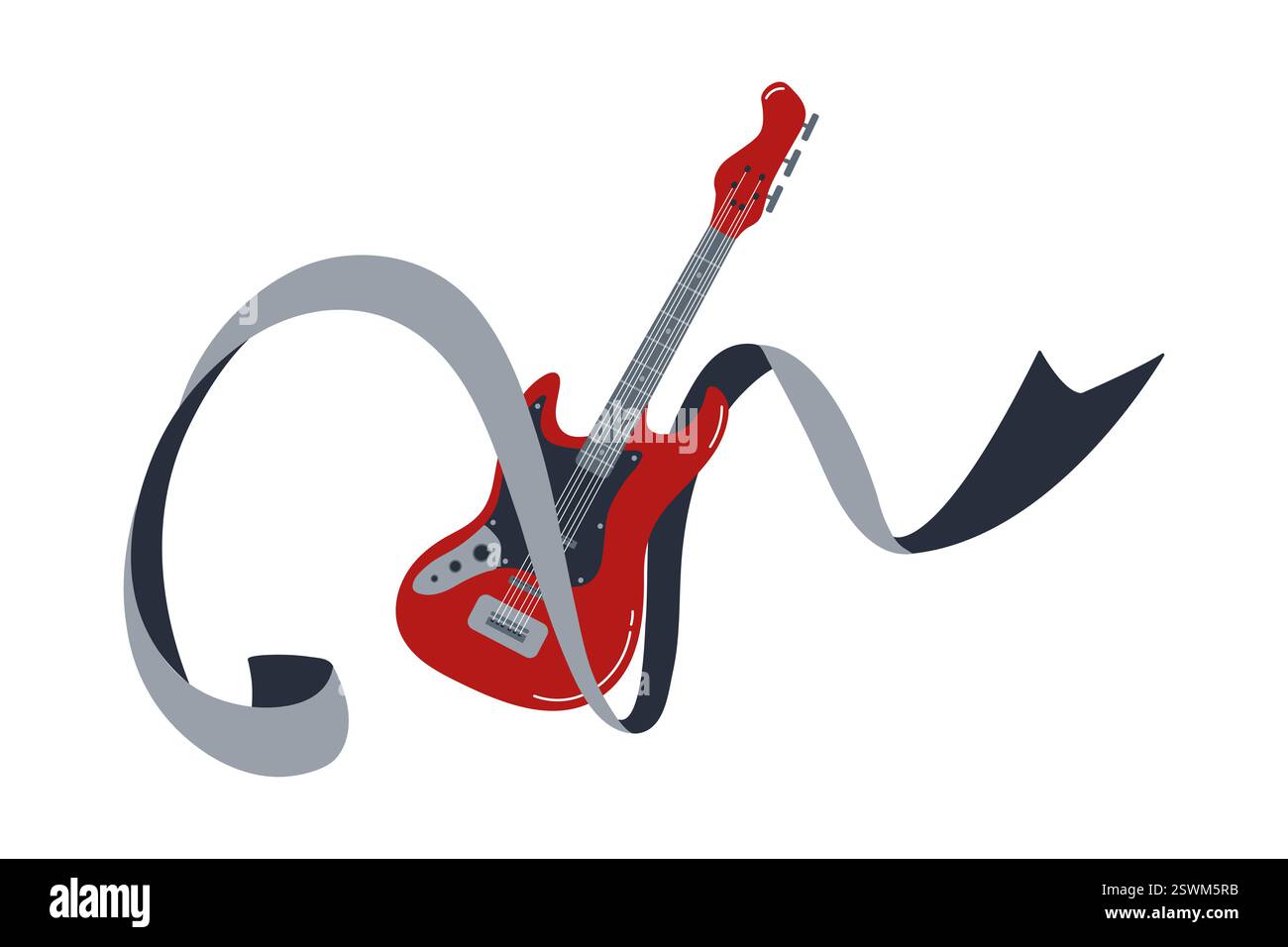 Creative illustration of a red guitar intertwined with ribbons in a ...