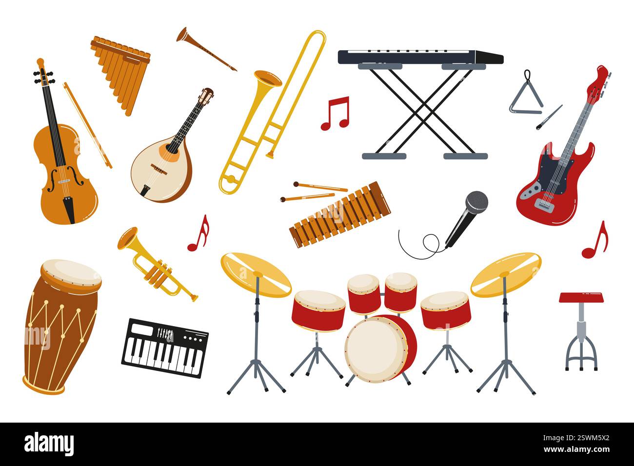 Variety of musical instruments laid out on a white background for ...