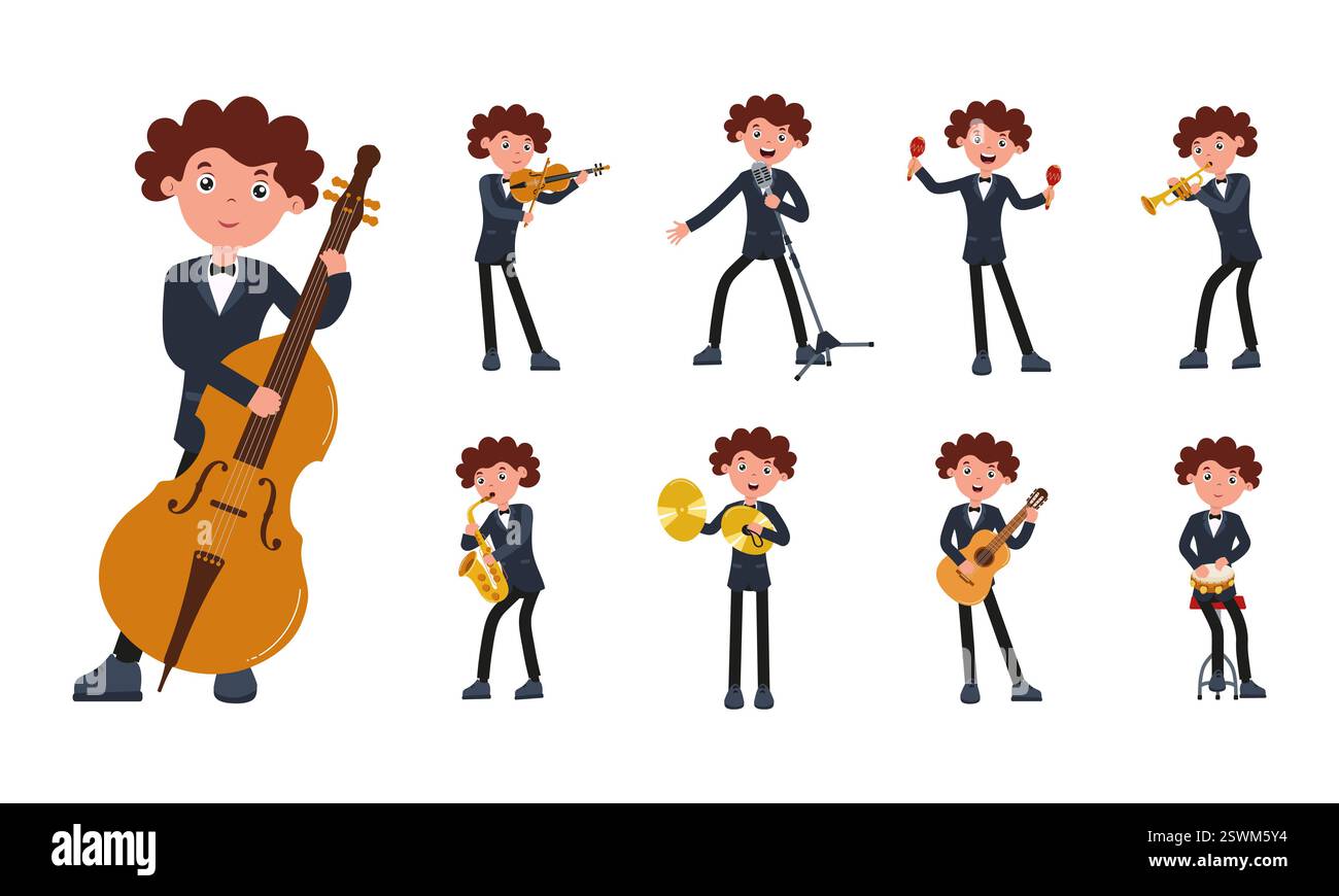Young musician playing various instruments in a cheerful music ensemble ...