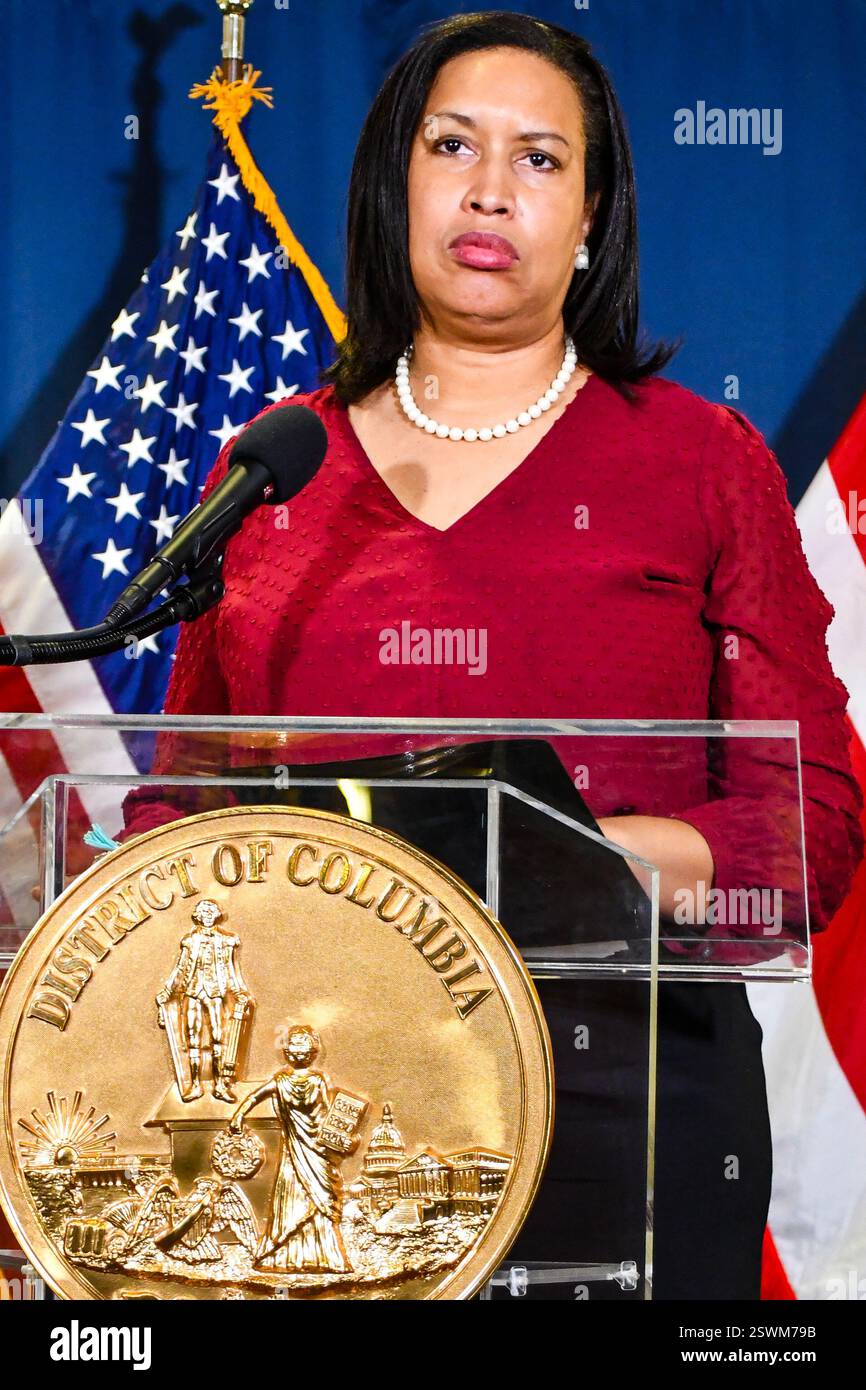 Washington, D.C. mayor Muriel Bowser answers media questions at a news ...