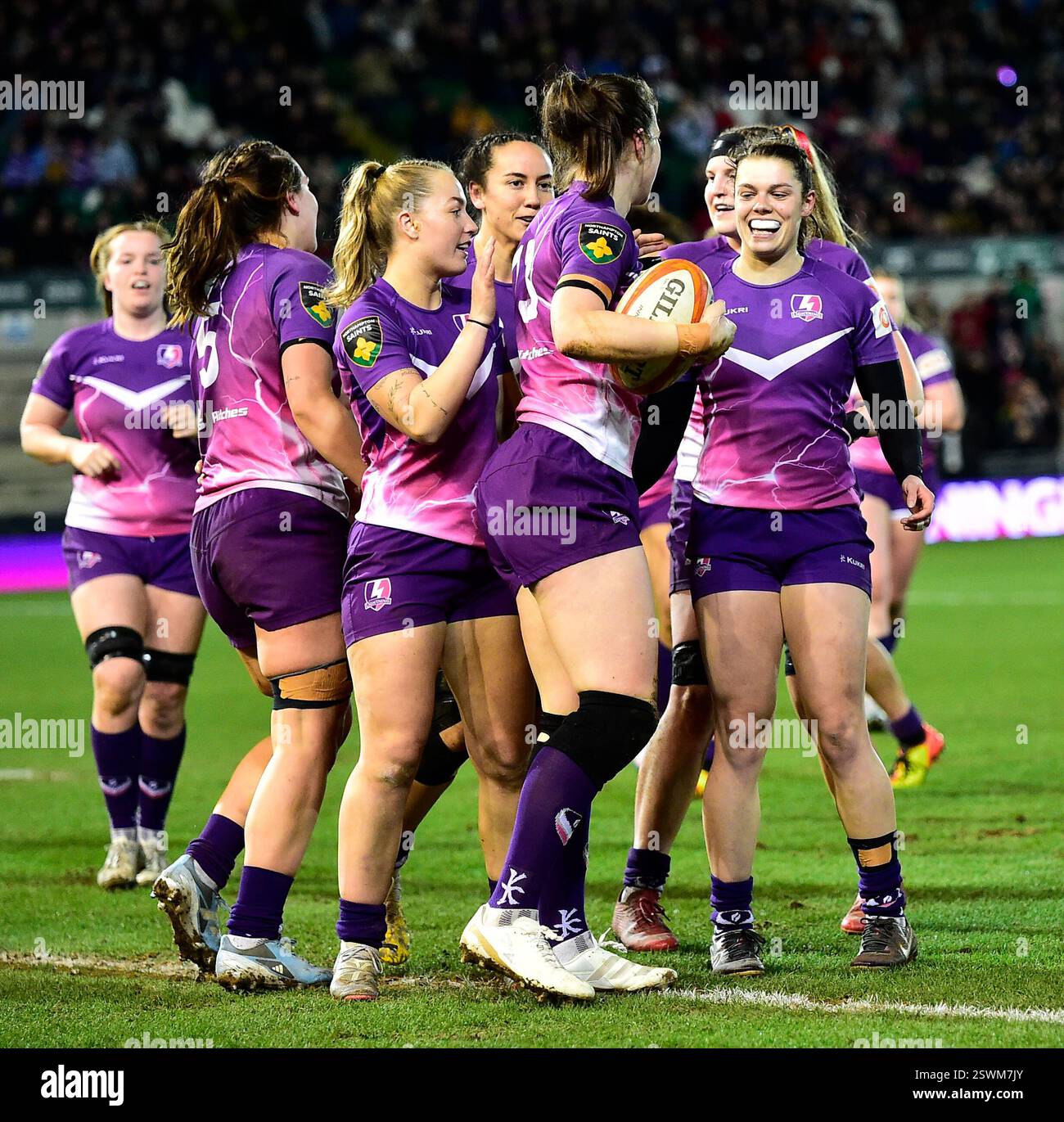NORTHAMPTON, ENGLAND - Feb 21-2025: Loughborough celebrate after a try ...