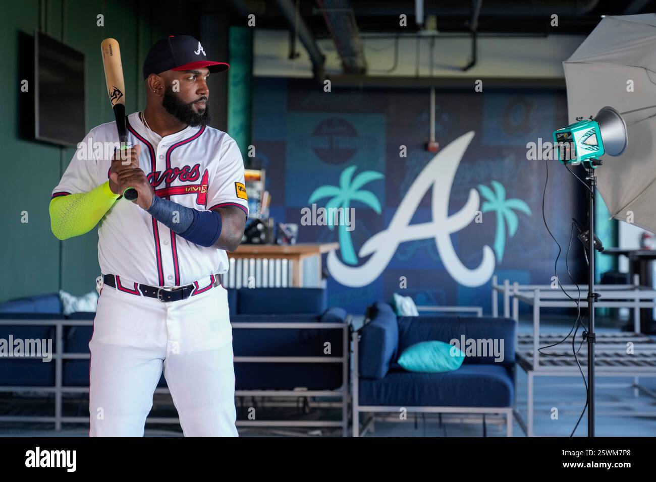 Atlanta Braves outfielder Marcell Ozuna poses for a portrait during the ...