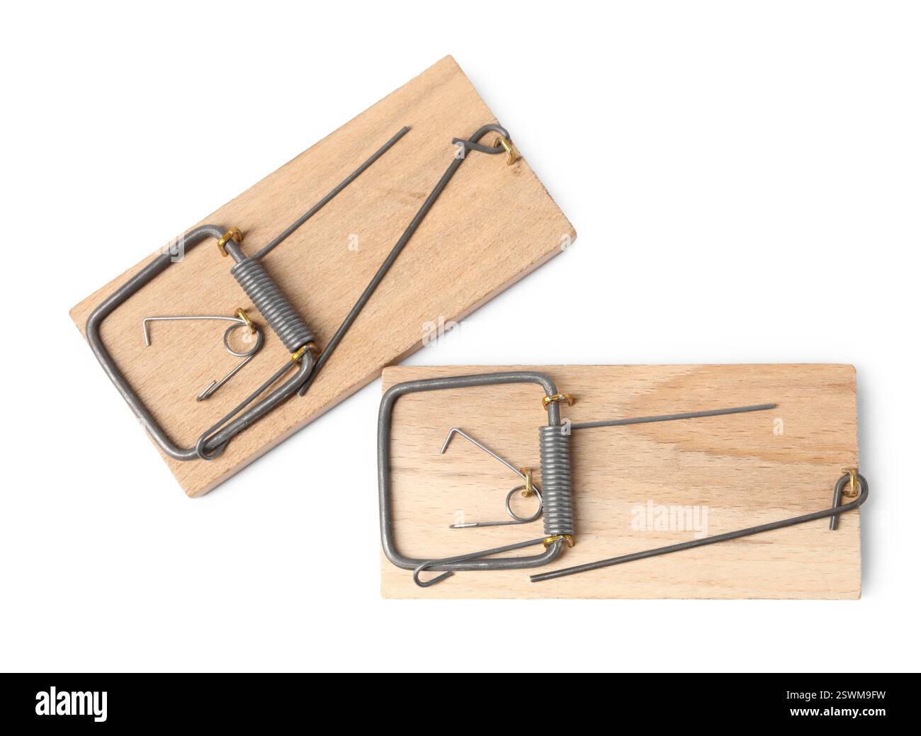 Two spring-loaded bar mousetraps isolated on white, top view Stock ...