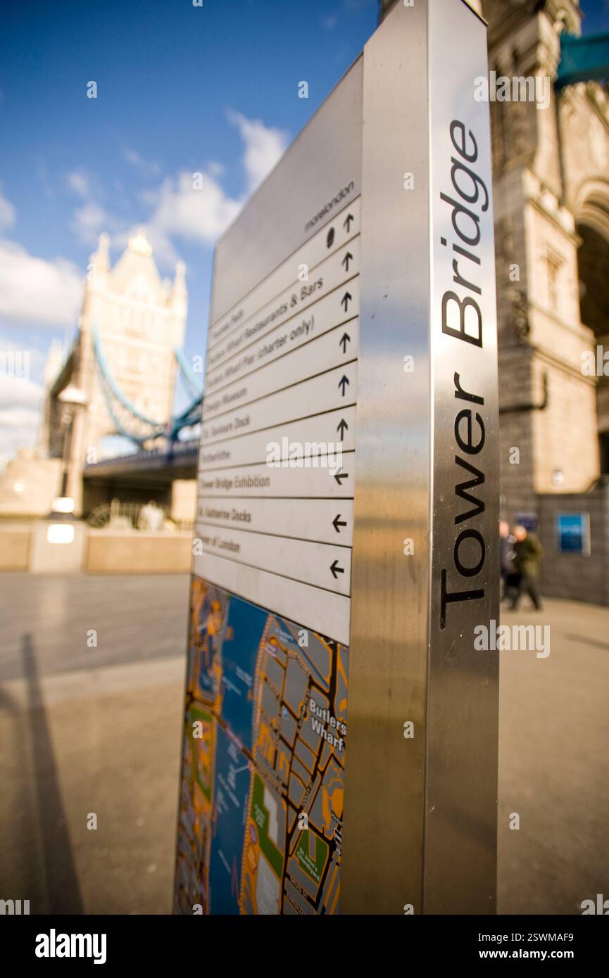 Information sign for Tower Bridge, London, UK, showing directions to ...