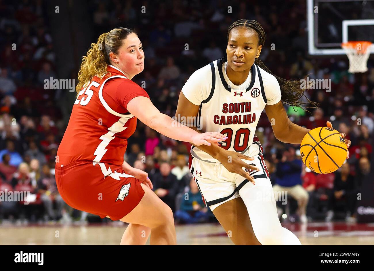 February 20, 2025: South Carolina forward Maryam Dauda (30) drives to ...
