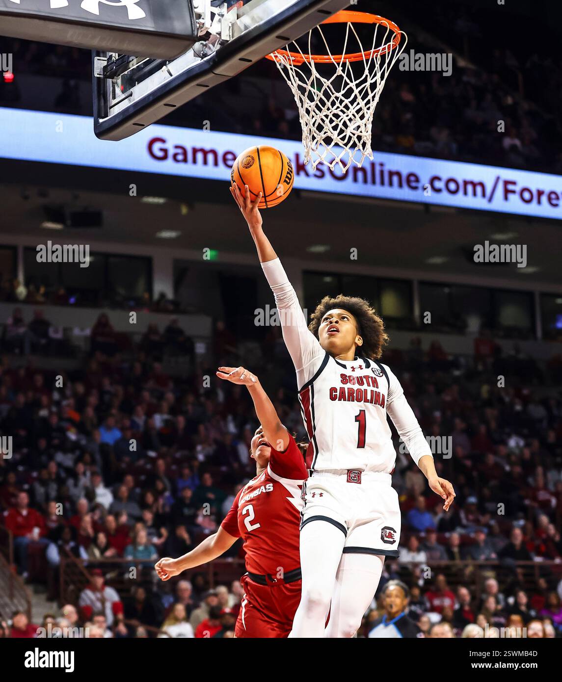 February 20, 2025: South Carolina guard Maddy McDaniel (1) goes up for ...