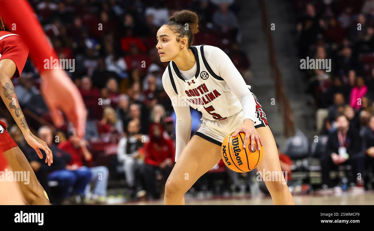 February 20, 2025: South Carolina guard Tessa Johnson (5) dribbles the ...