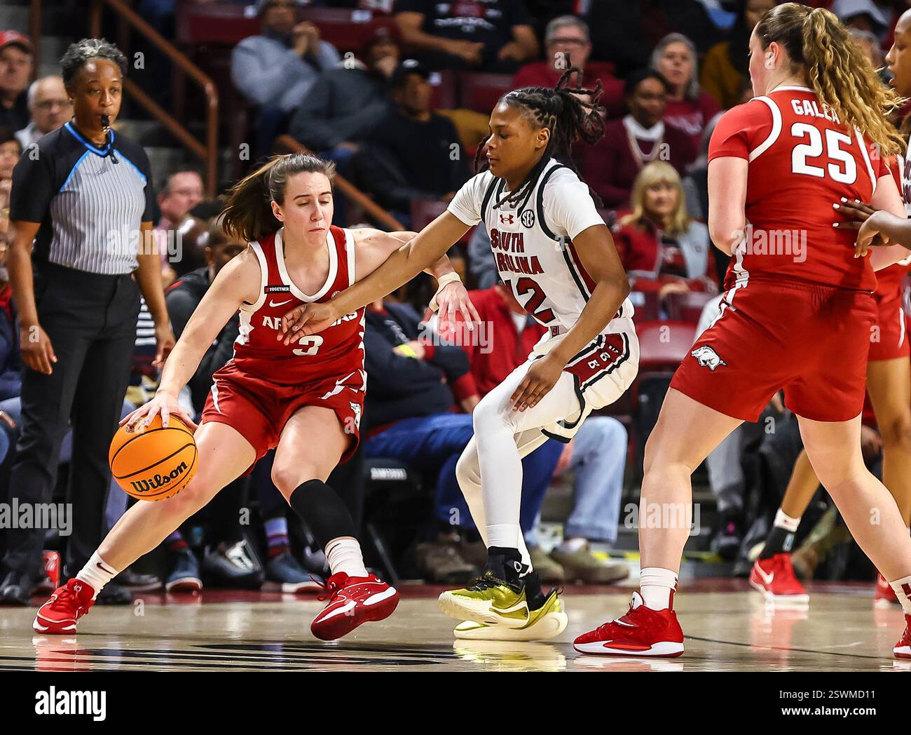 February 20, 2025: Arkansas guard Izzy Higginbottom (3) brings the ball ...