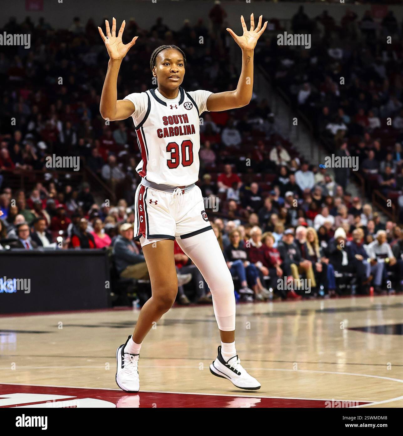 February 20, 2025: South Carolina forward Maryam Dauda (30) asking for ...