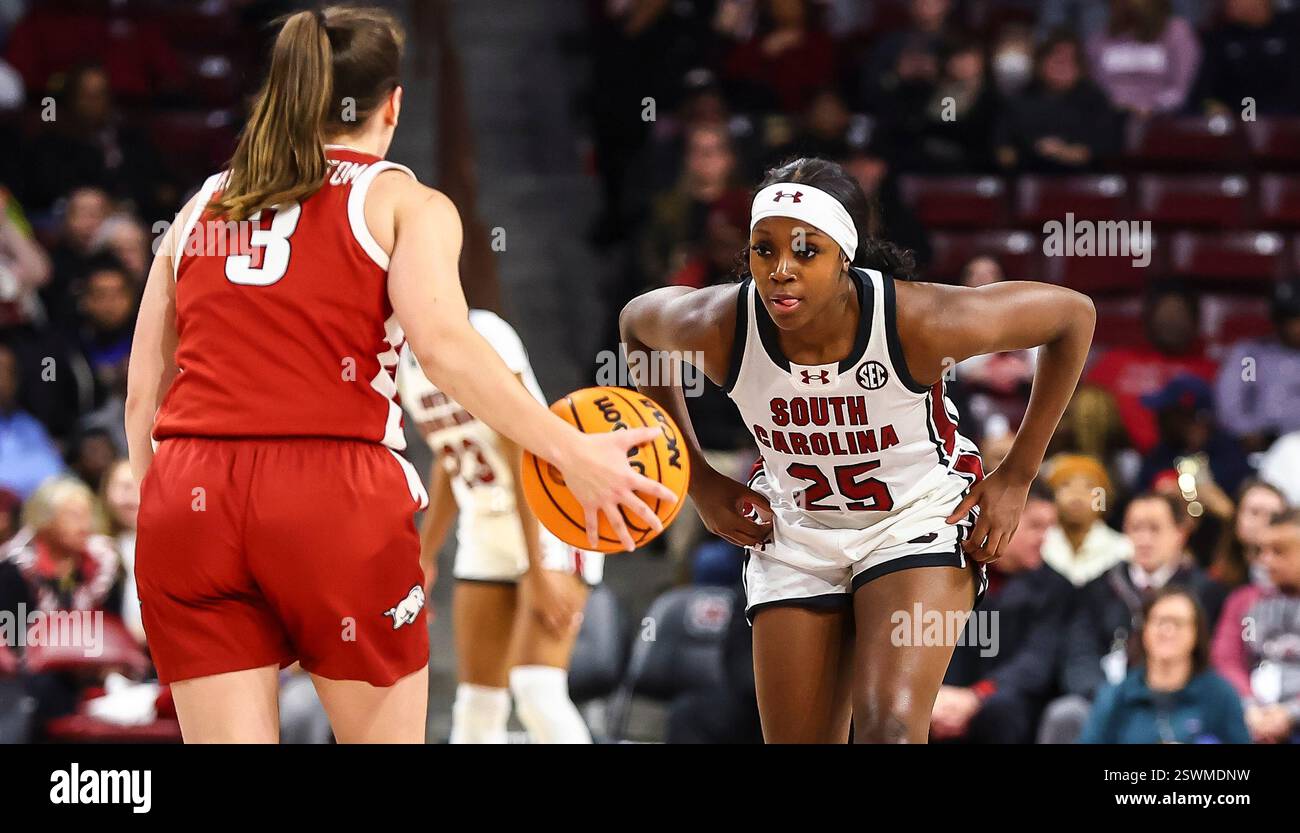 February 20, 2025: South Carolina guard Raven Johnson (25) defending ...