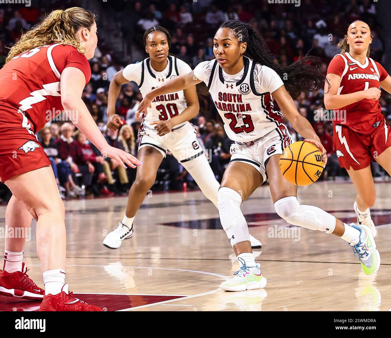 February 20, 2025: South Carolina guard Bree Hall (23) drives to the ...