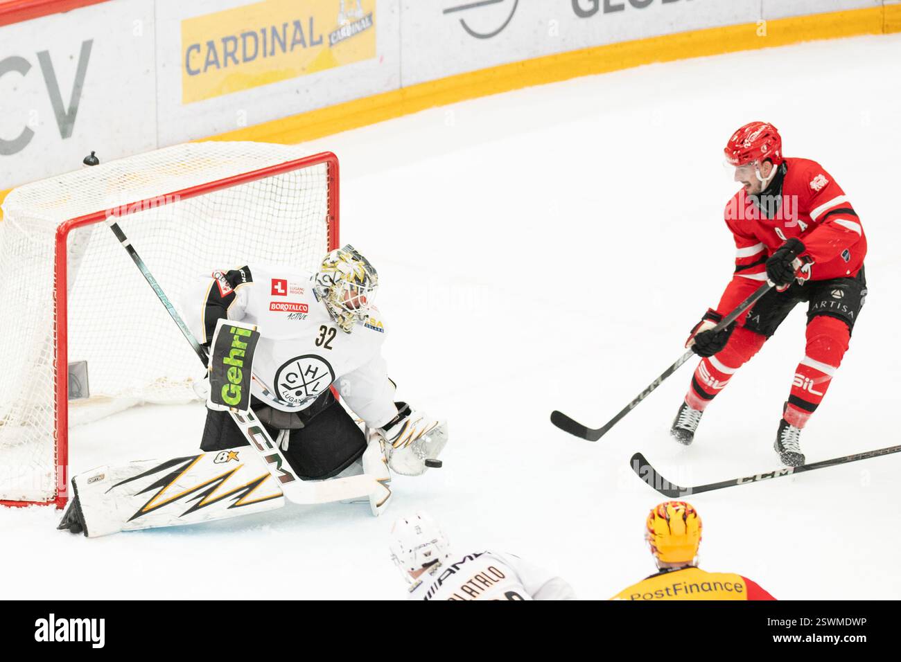 Lausanne Switzerland, 02 21 2025: Adam Huska (goalkeeper) of Lugano HC ...