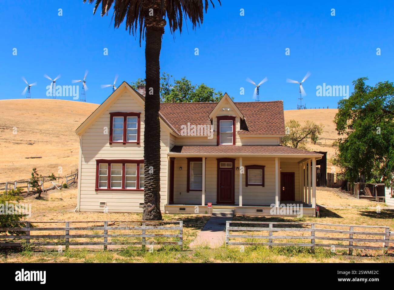 House with a porch and a palm tree in front of it. The house is ...