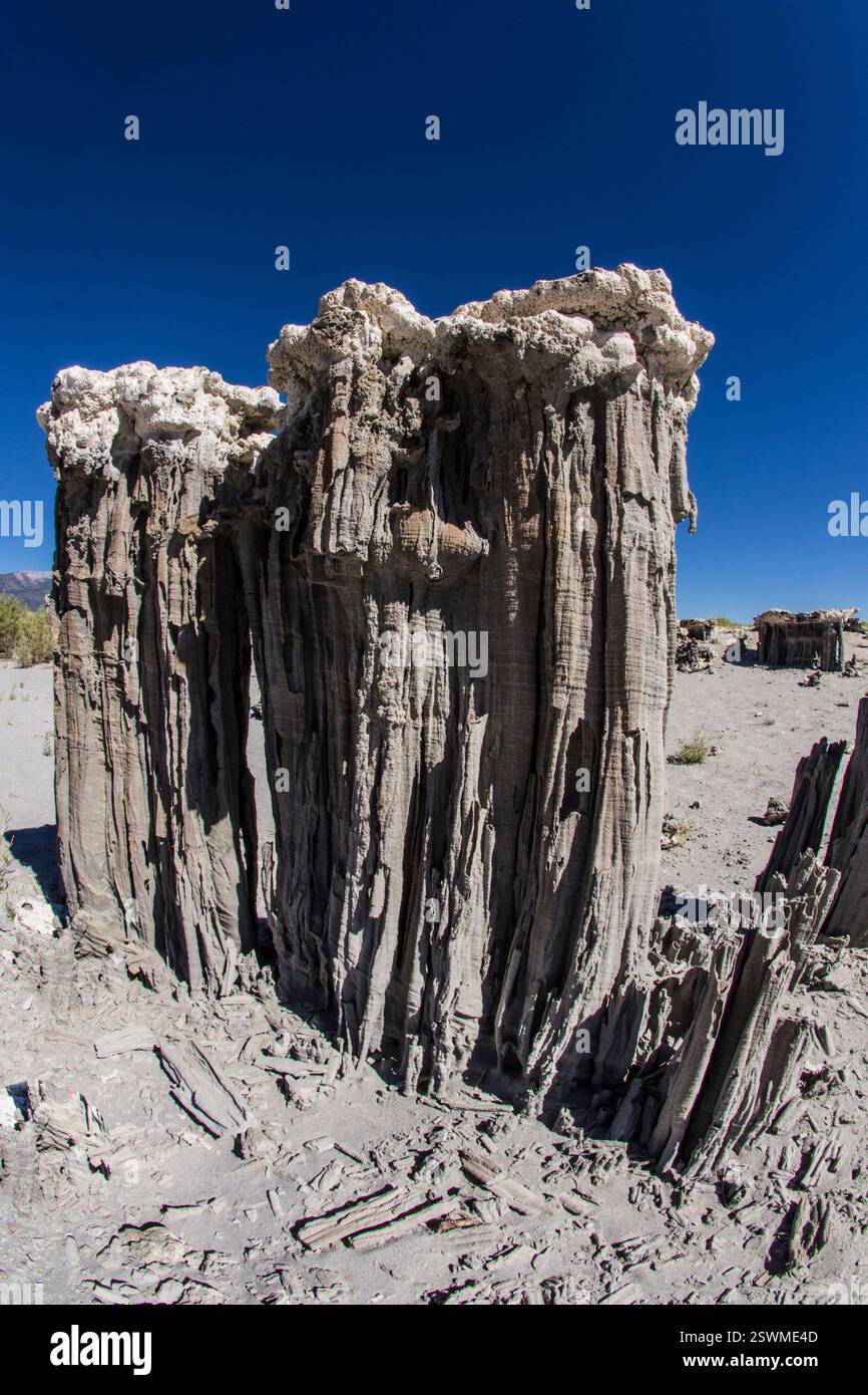 Large rock formation with a lot of white on it. The rock is in a desert ...