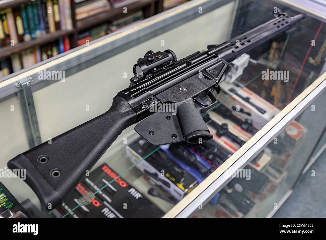 Placerville, USA - October 1, 2022: A black Heckler and Koch HK G3, 7.62mm X 51 caliber rifle ...