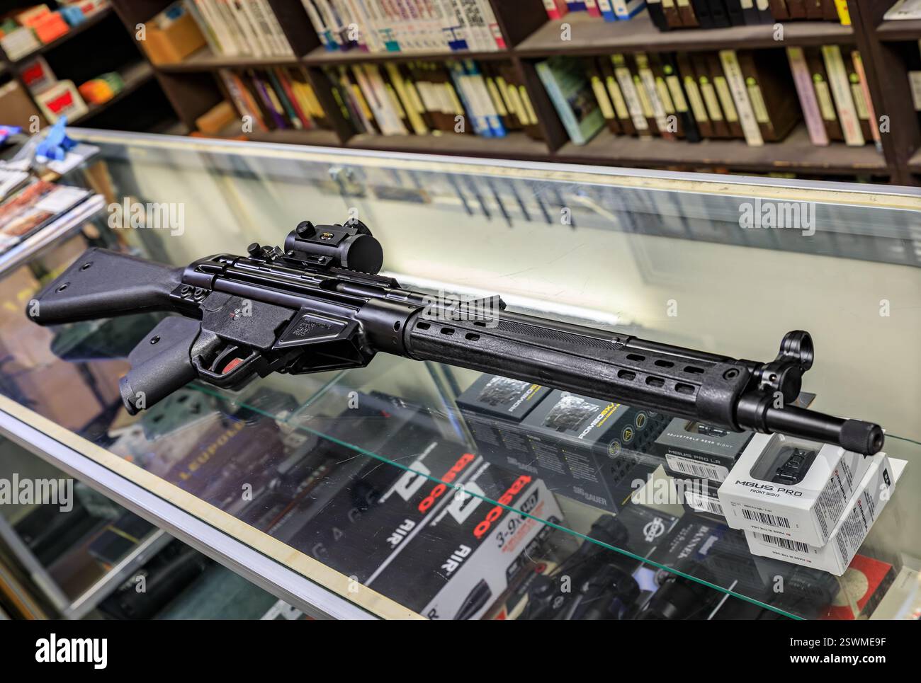 Placerville, USA - October 1, 2022: A black Heckler and Koch HK G3, 7.62mm X 51 caliber rifle ...