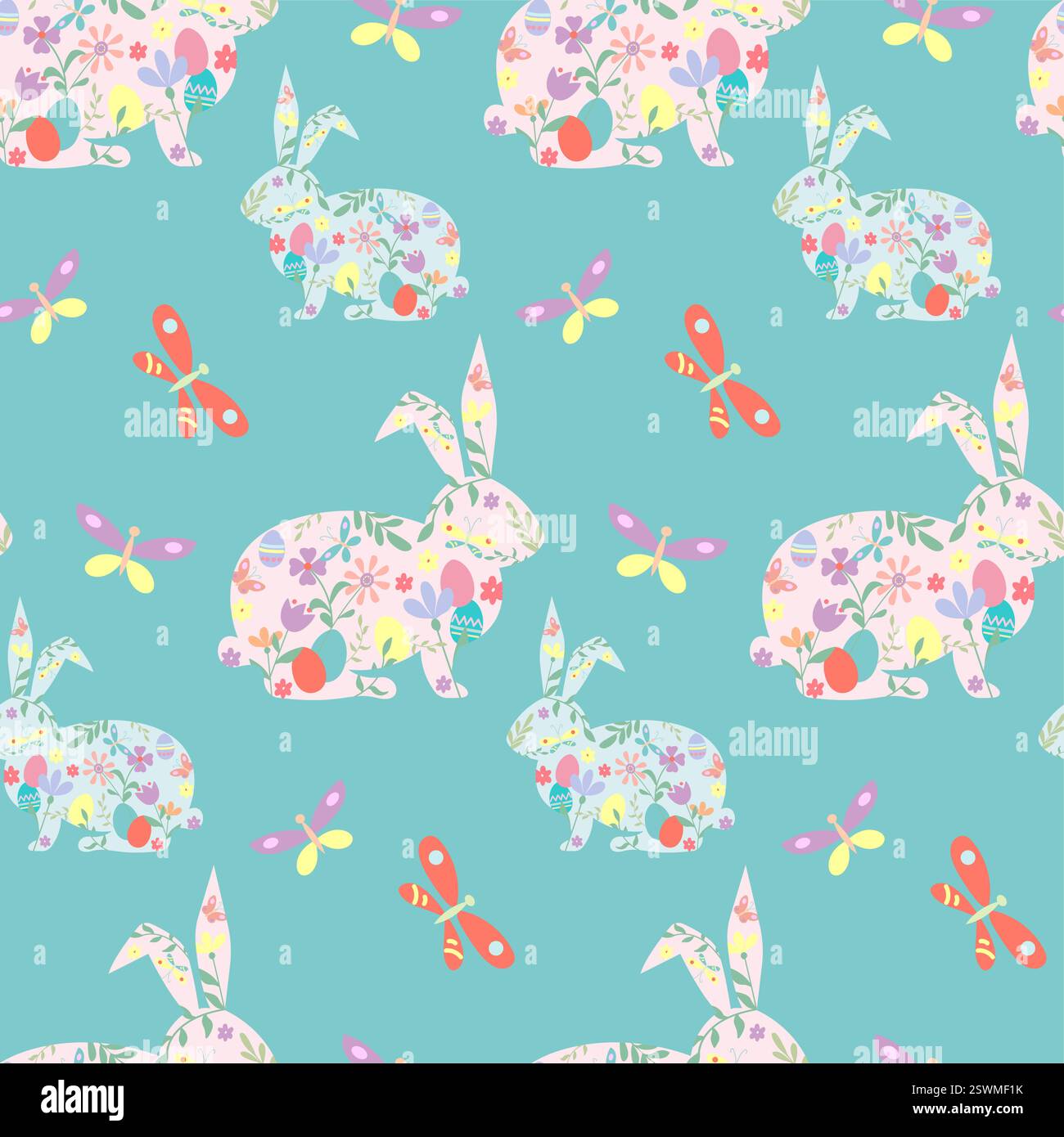 Seamless pattern of Easter bunny, decoupage style, hand drawn flat design, Happy Easter flowers ...