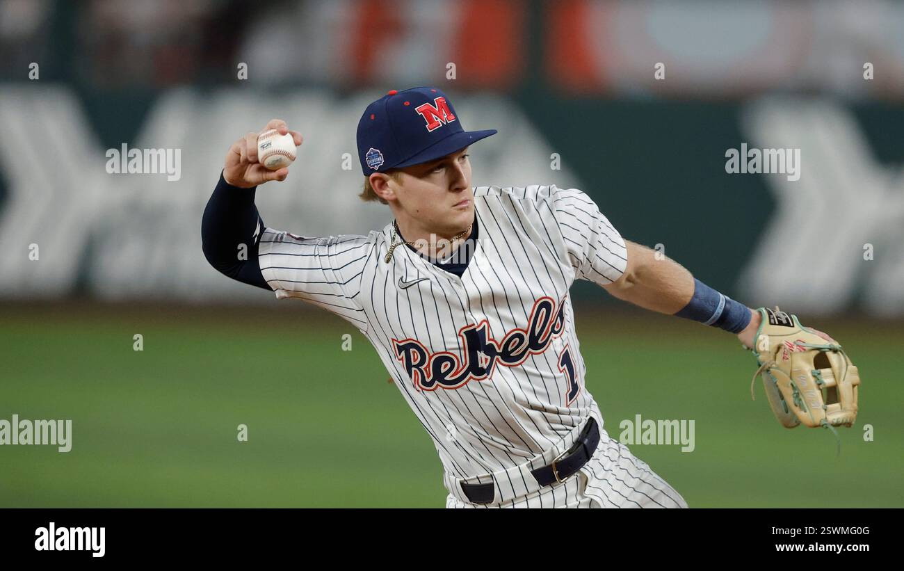 Ole Miss infielder Brayden Randle (1) throws during warm ups before an ...