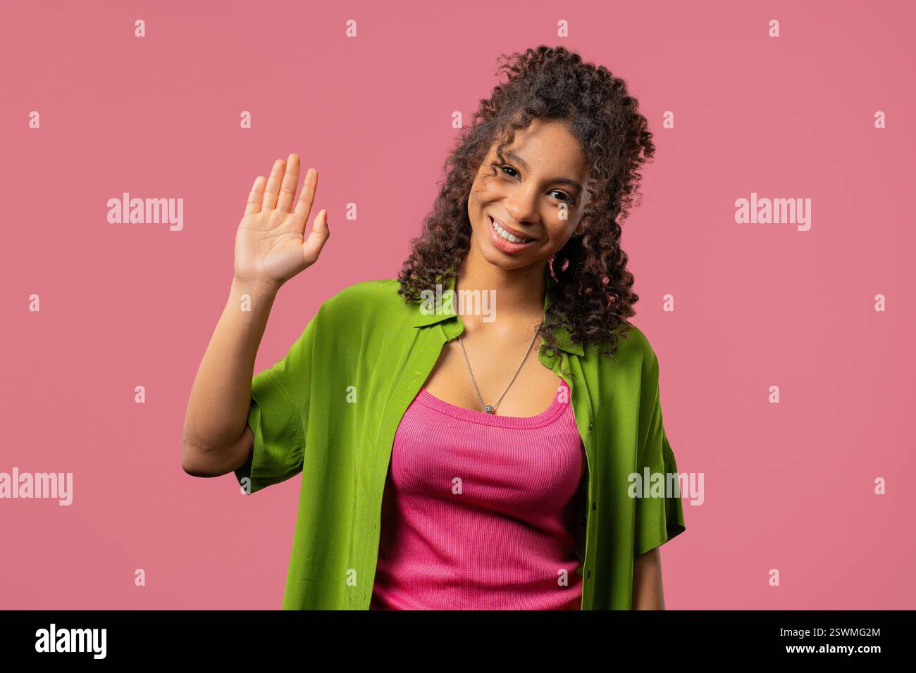 Friendly african eoman waving hand - Hello, Hi, Salute. Greetings on ...