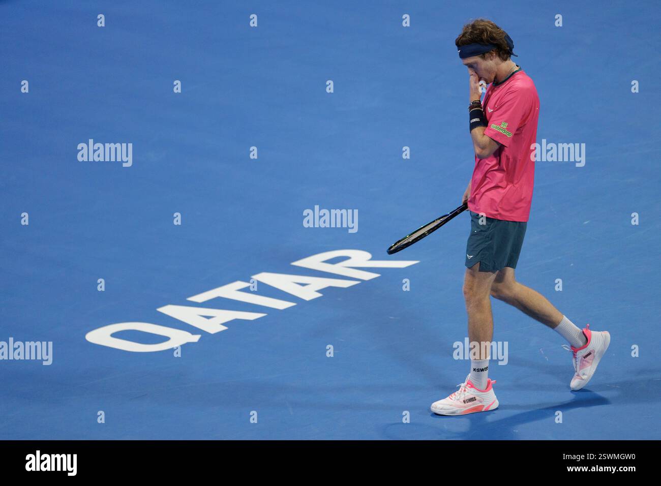 Andrey Rublev of Russia during the 2025 Qatar ExxonMobil Open, ATP 500 Tennis open on 21 ...