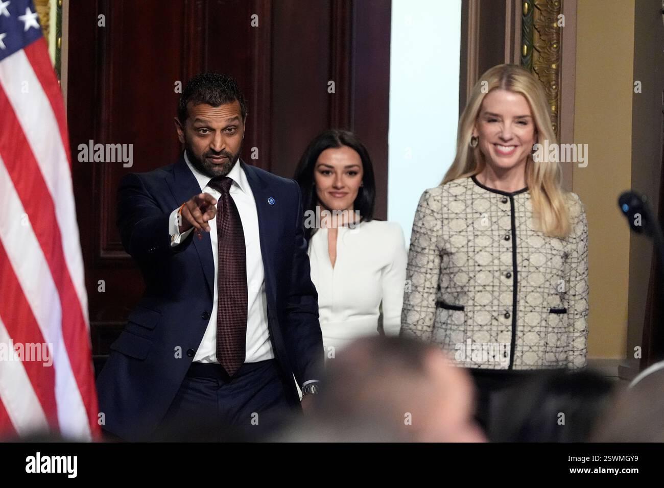 Attorney General Pam Bondi, right, arrives for a swearing-in ceremony for Kash Patel, President ...
